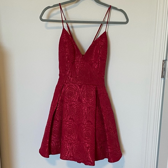 Lulus | Dresses | Deep Red Dress With Rose Detail And Pockets | Poshmark